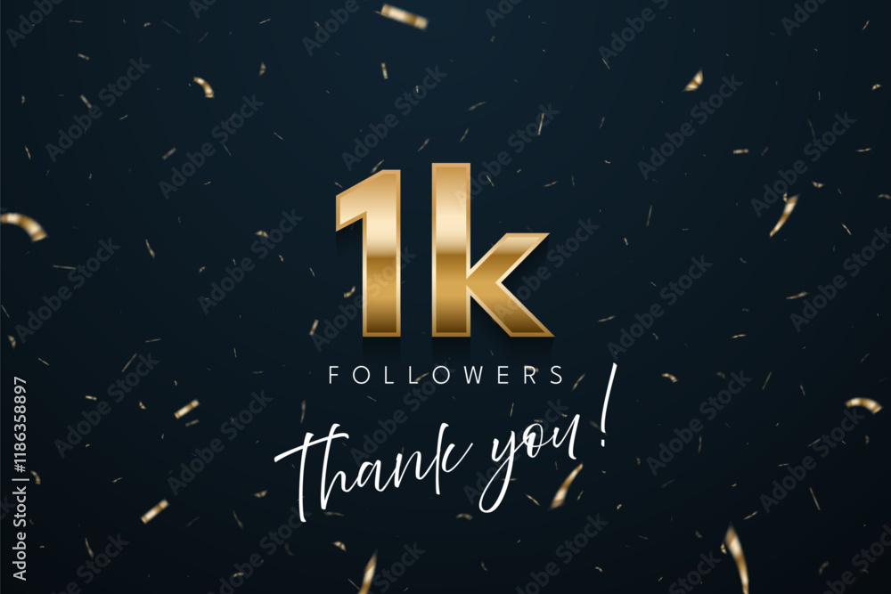 1k followers celebration banner. 3d social media achievement poster. One thousand followers ...