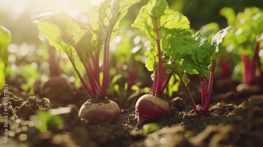 Radiant Beet Harvest: Young beetroot plants with vibrant red roots and ...