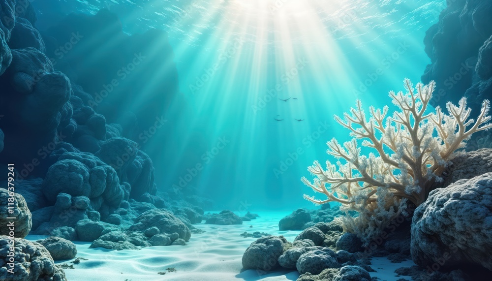 Bleached coral reef underwater. Sunlight beams through clear water ...