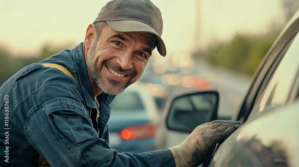 Happy Mechanic: A friendly, middle-aged male mechanic smiles warmly at ...