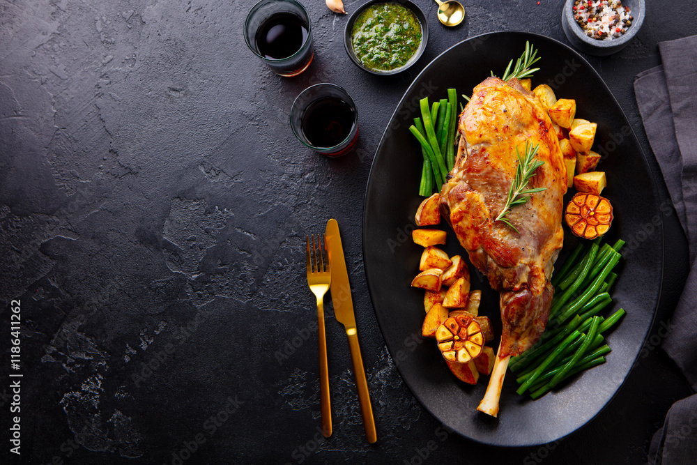Roasted lamb leg with potato and green bean. Black background. Copy ...