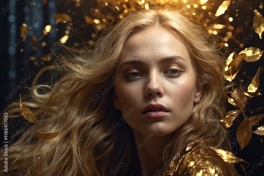 blond woman in gold glittering dress on golden glitter background ...