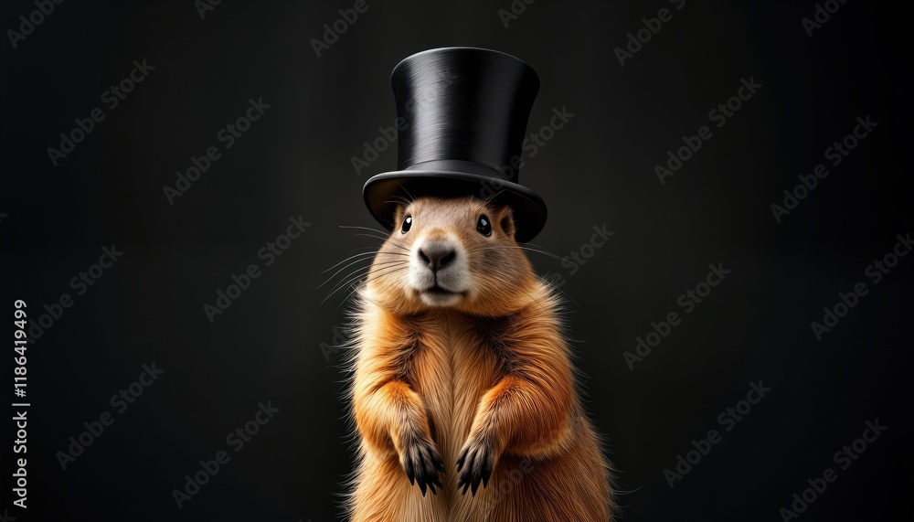Funny groundhog wears top hat. Animal poses in studio photo shoot ...