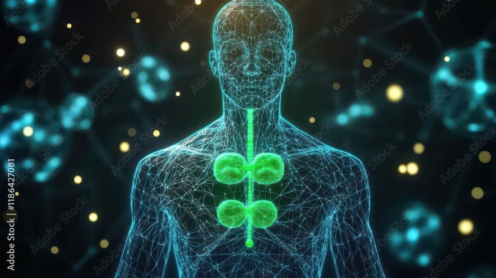 Futuristic tech aesthetic medical graphic, human body with wireframe ...