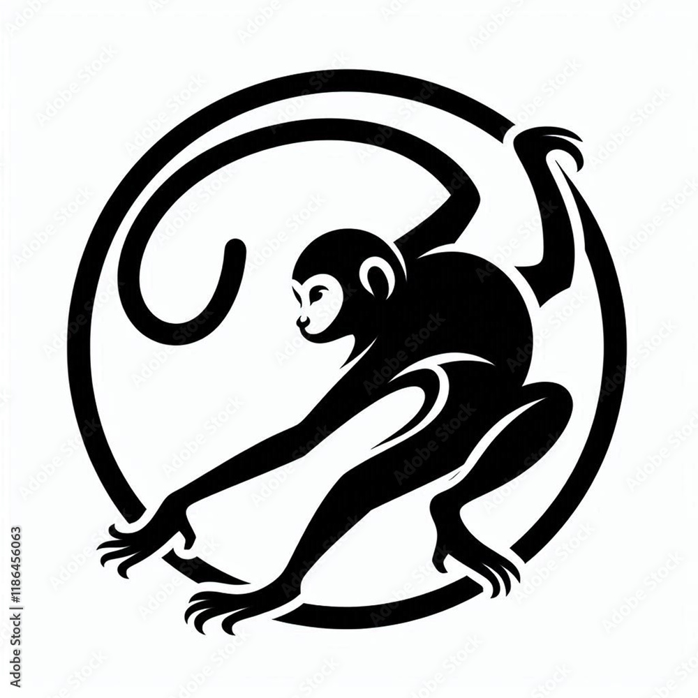 Black silhouette of a monkey in a climbing pose with long limbs, curved ...