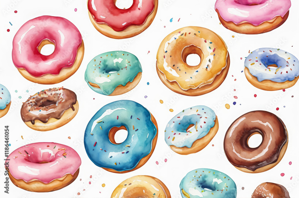 Watercolor pattern of multi-colored donuts with sprinkles on a white ...