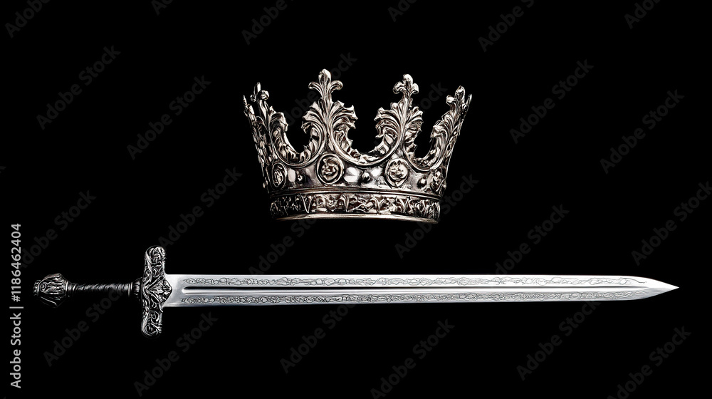 silver medieval sword and king or queen crown on black background Stock ...