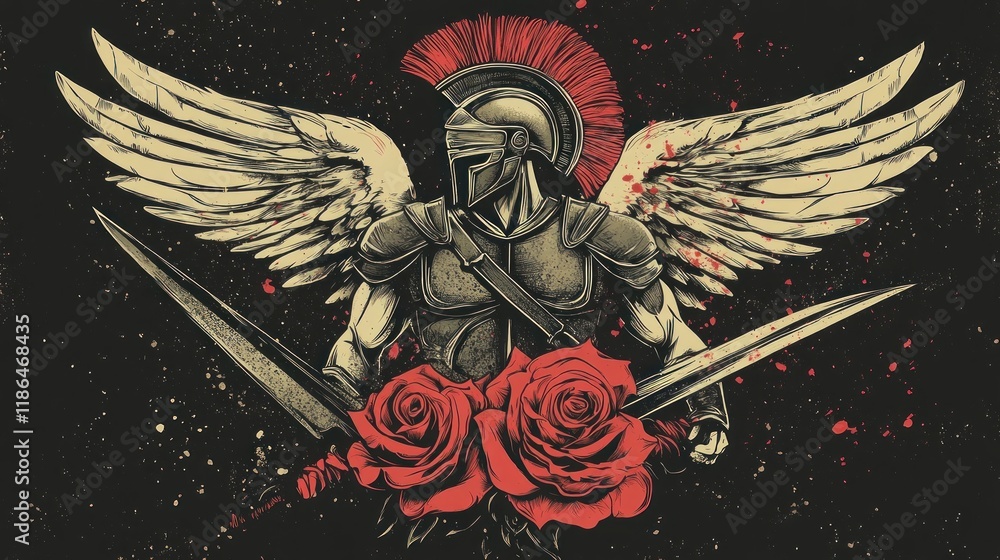 Ancient Rome. Spartan warrior. Swords, rose and angel wings. Symbol of ...