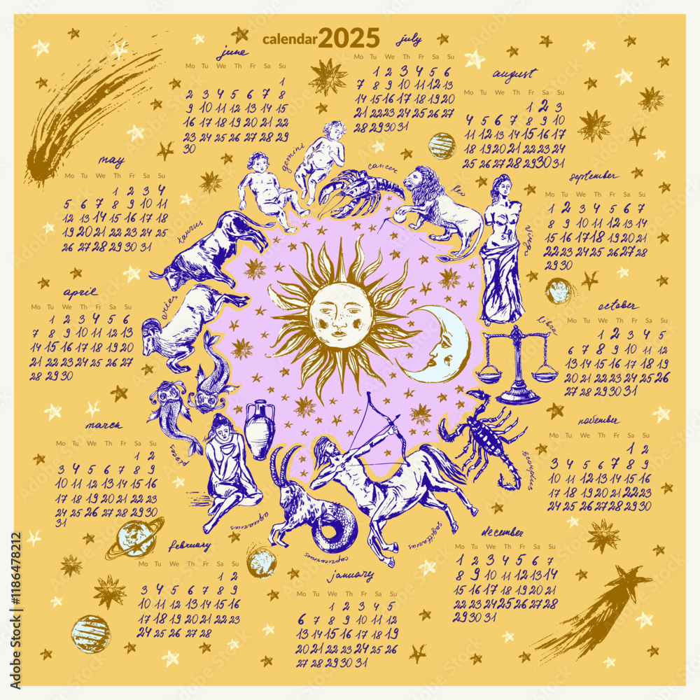 Monthly calendar with hand drawn zodiac signs illustration, planets ...