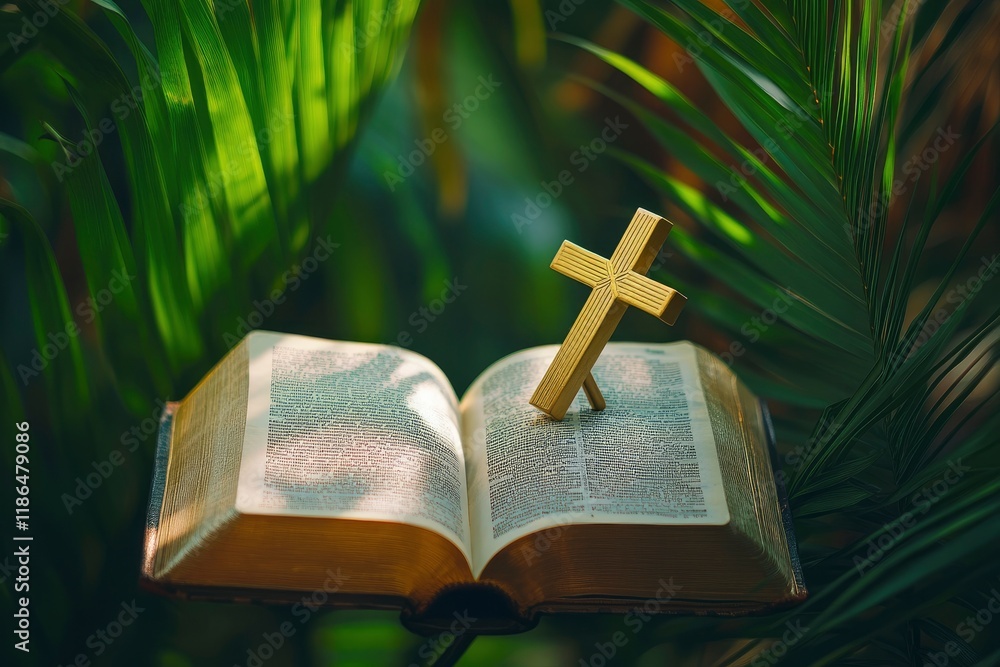 Palm Sunday concept. Palm cross on open Holy Bible and palm leaves ...