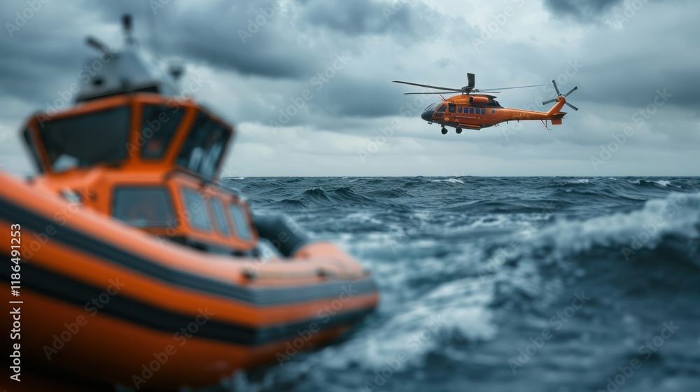 A rescue helicopter hoists a stranded boat crew to safety from a ...