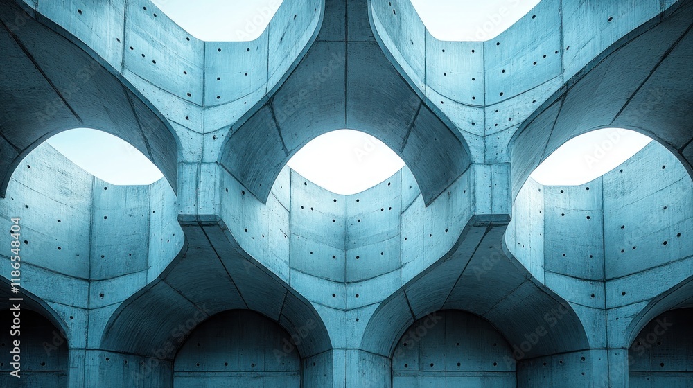 Abstract blue concrete architecture with symmetrical arches and ...