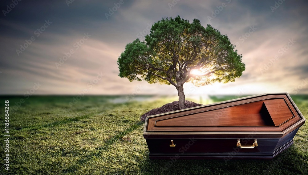 Ilustración de Stock Coffin resting beside a tree symbolizes the cycle ...