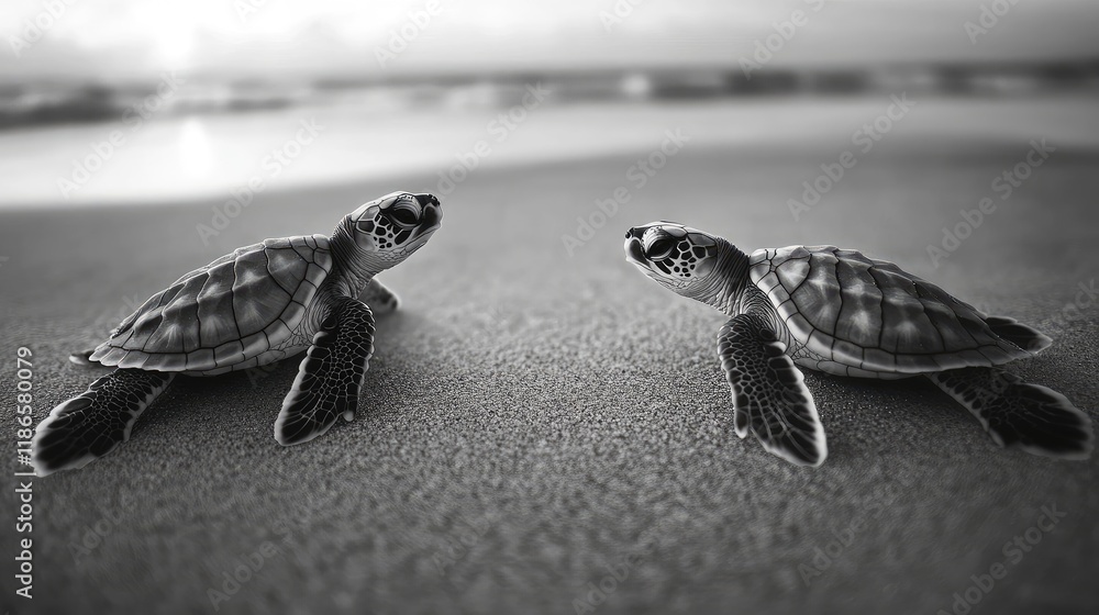 Two baby turtles exploring a sandy beach landscape by the ocean under a ...