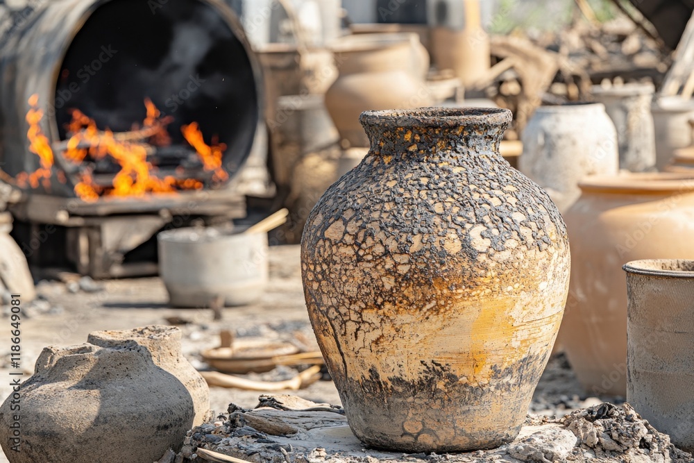 Unique finishes emerge during raku firing as pottery is removed from ...