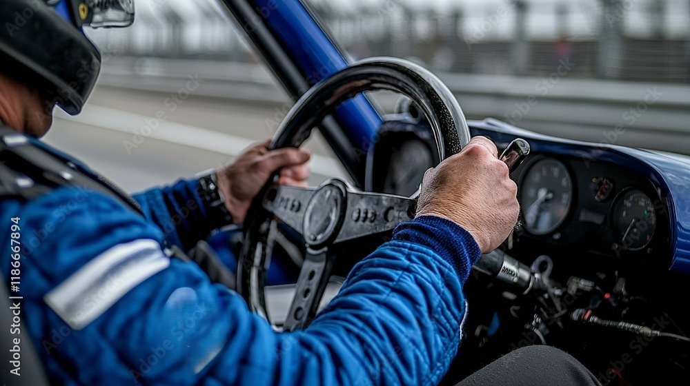 Race car driver's hands gripping steering wheel race track closeup high ...