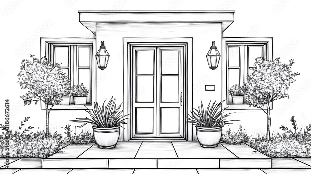 Simple black and white line drawing depicts symmetrical house entrance ...