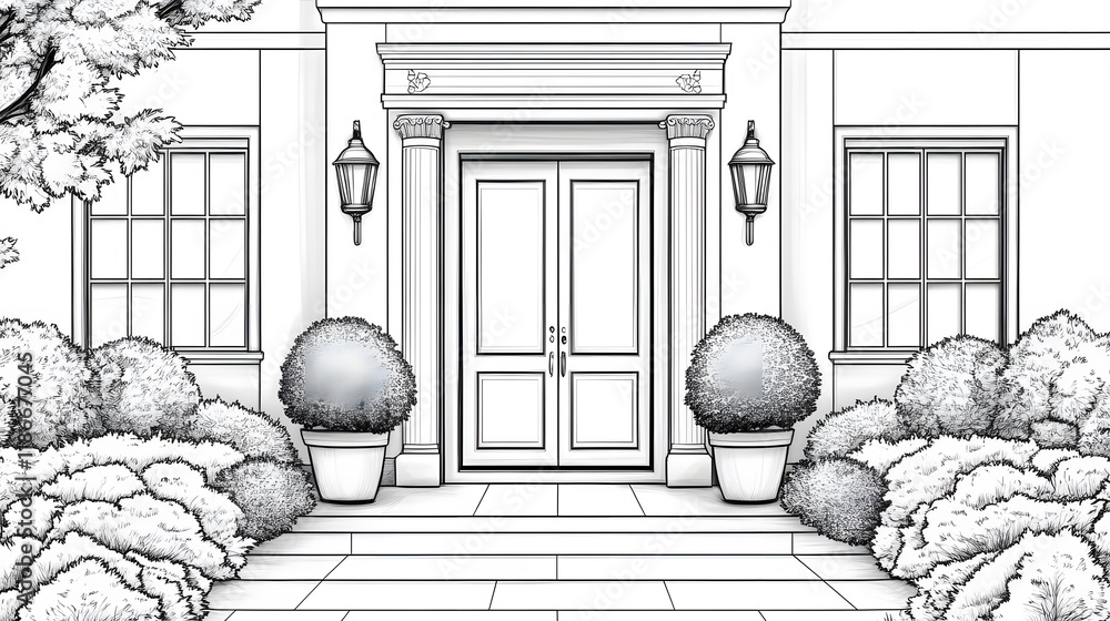 Simple black and white line drawing depicts symmetrical house entrance ...