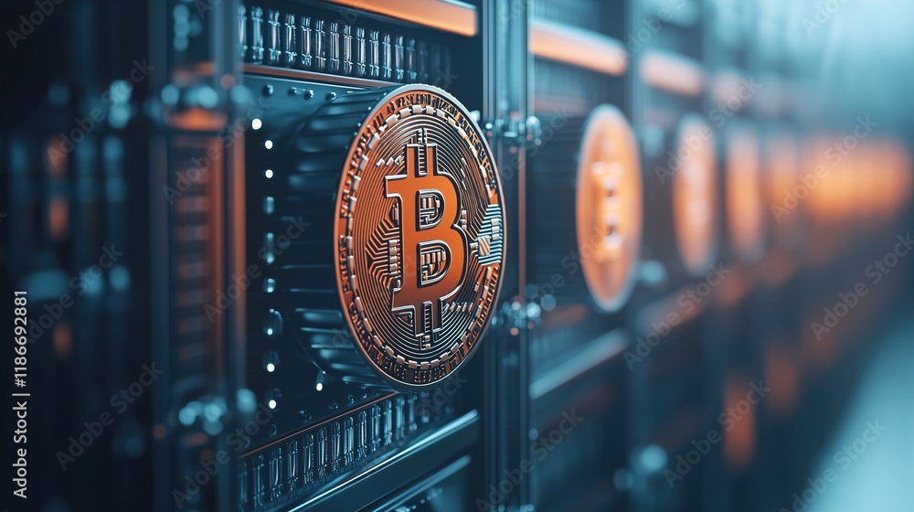 View of Bitcoin mining server racks in data center shows cryptocurrency ...