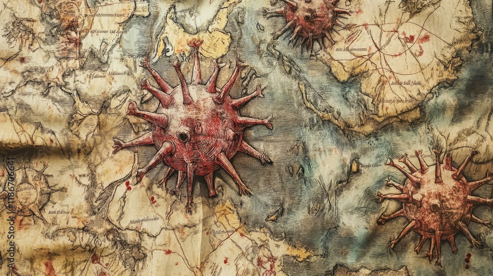 Ilustración de Stock Ancient map showing viral outbreaks, [historical ...