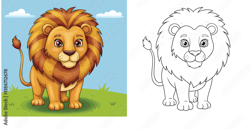 Coloring Book Page With a Lion and its outline to fill colors. Stock ...