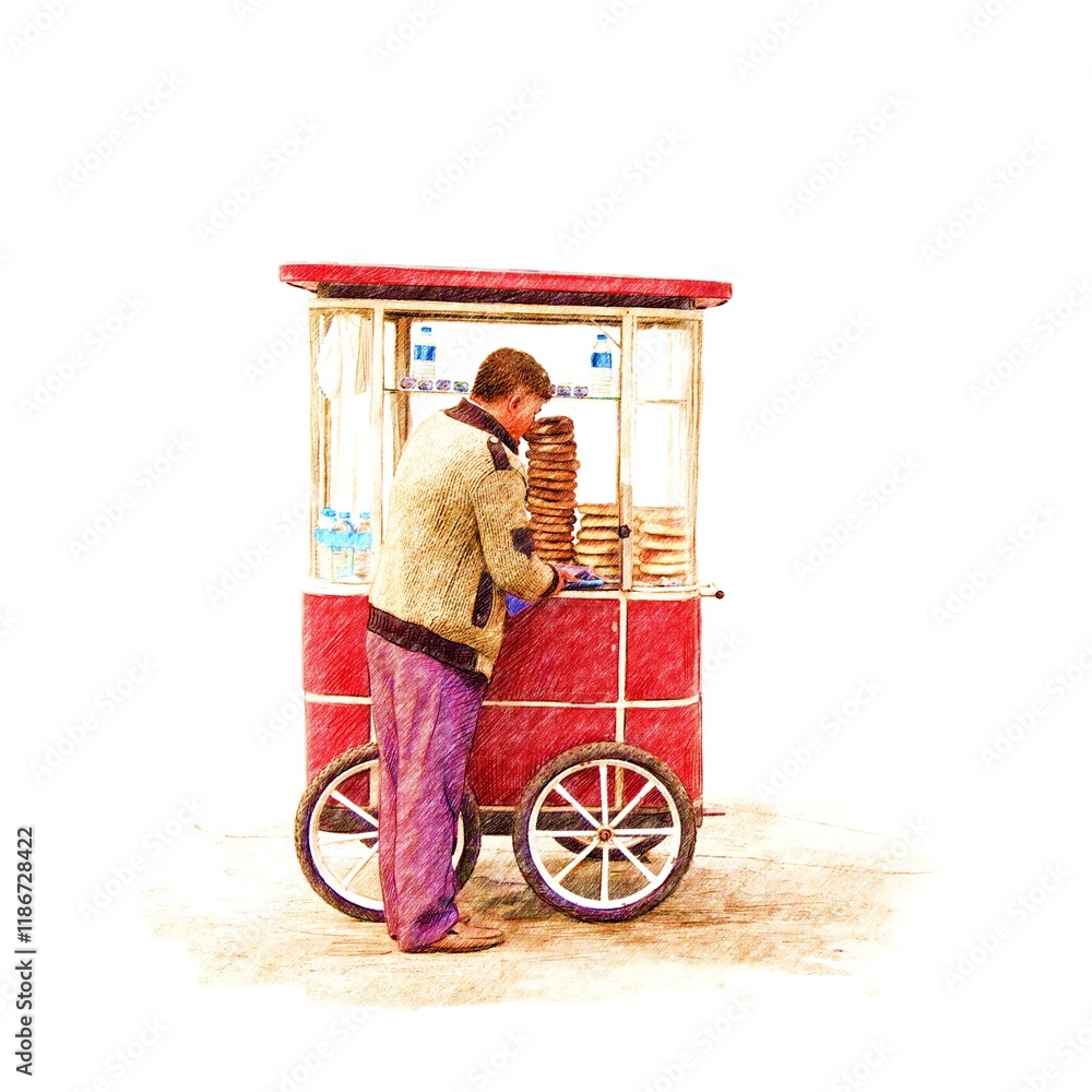 Ilustración de Stock Colored pencil drawing of turkish bagel simit red ...