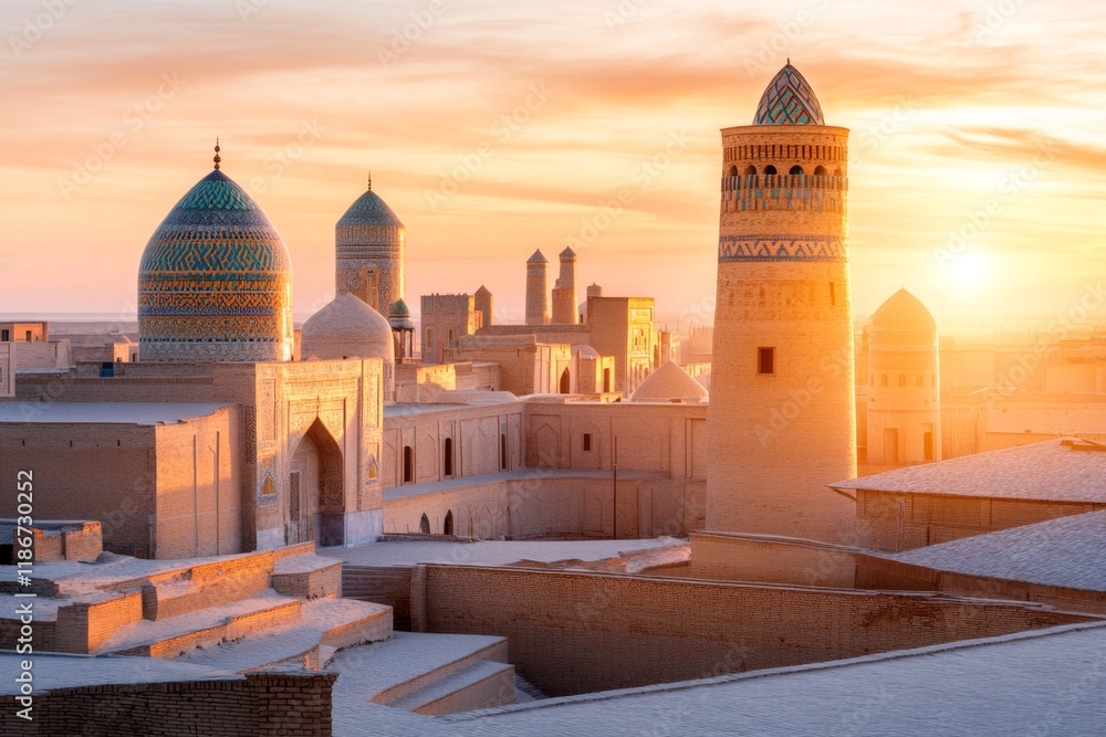 A panoramic view of the Khiva old town, with its iconic Kalta Minor ...