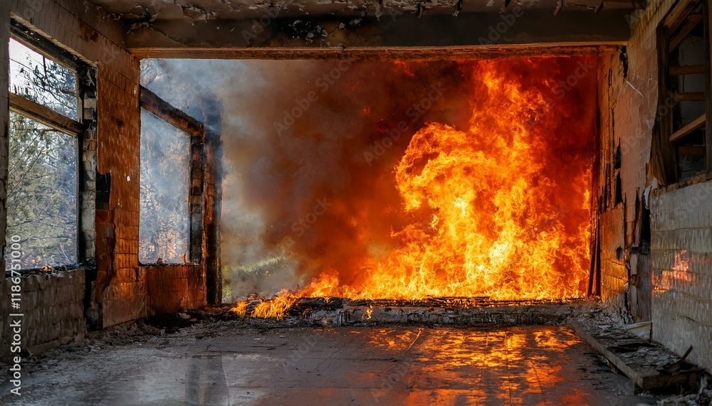 A gloomy scene of a fire breaking out in an abandoned building, flames ...