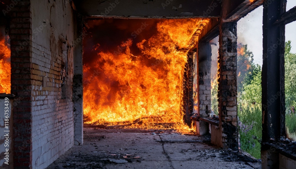 A gloomy scene of a fire breaking out in an abandoned building, flames ...