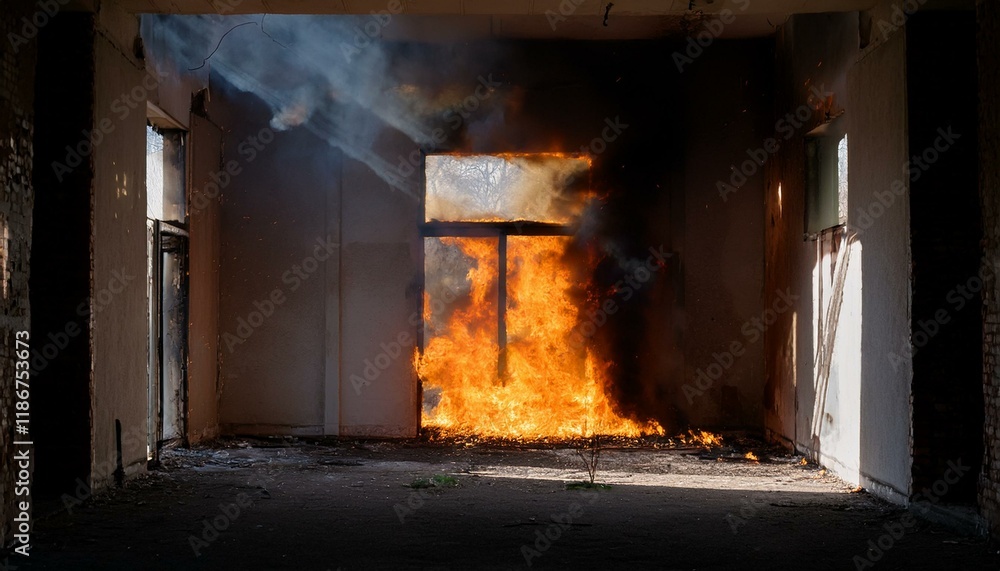 A gloomy scene of a fire breaking out in an abandoned building, flames ...