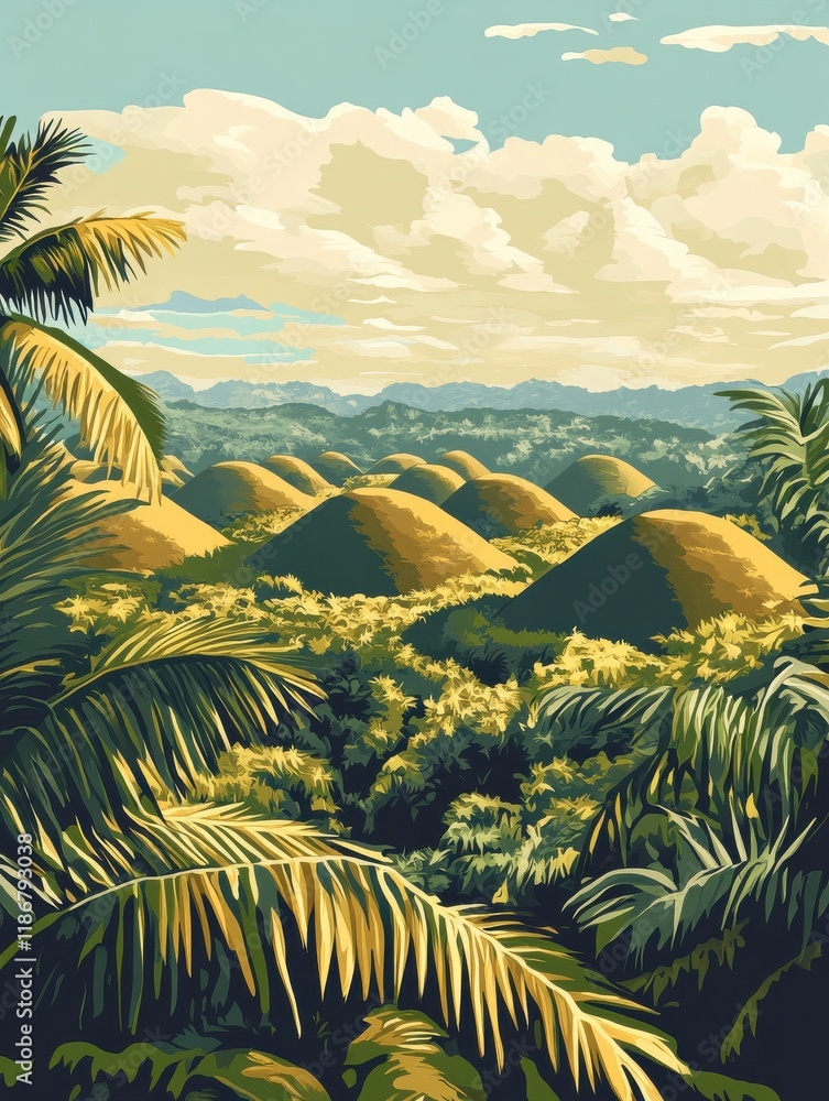 Retro WPA illustration of the Chocolate Hills, a geological formation ...