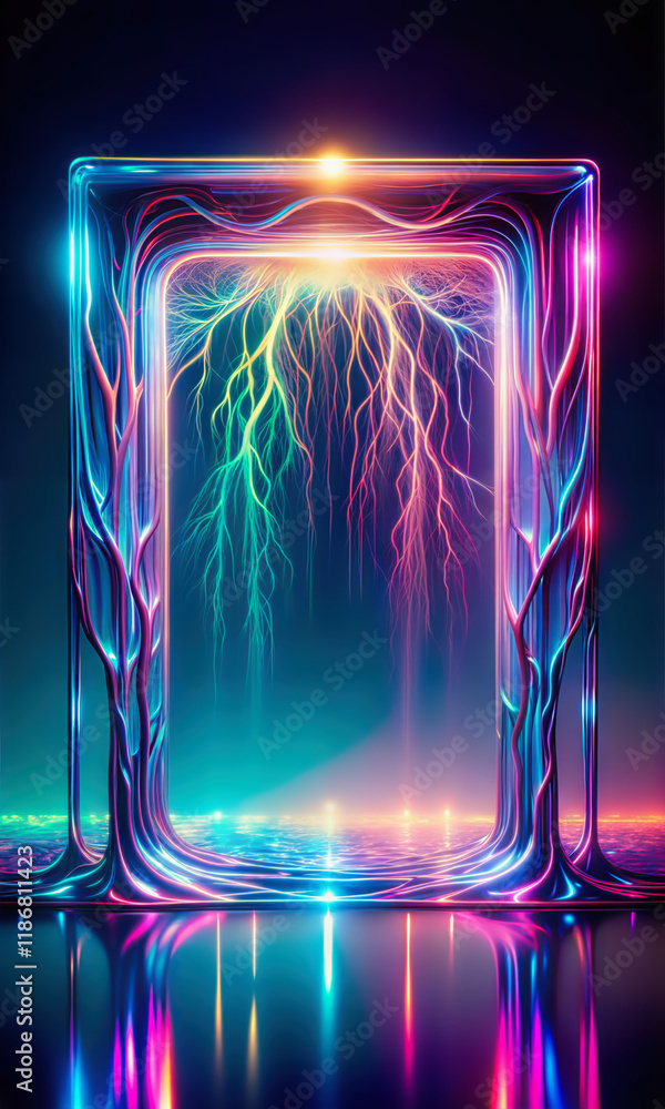 Neon Glowing Tree Root Frame with Vibrant Lights – Abstract Digital ...