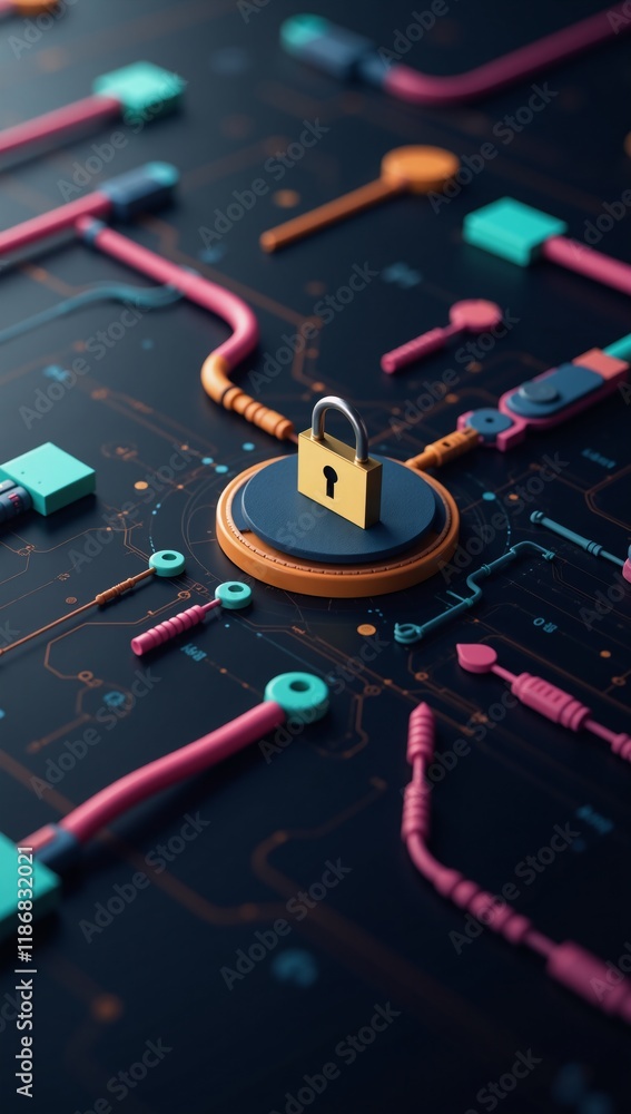 Encrypteds financial data depicted as flowing through a digital network ...