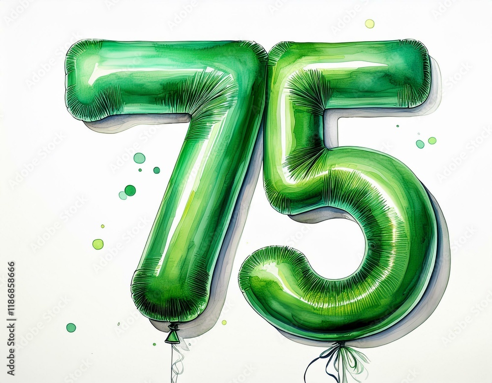 Green birthday / anniversary party balloon, number 75, watercolor ...