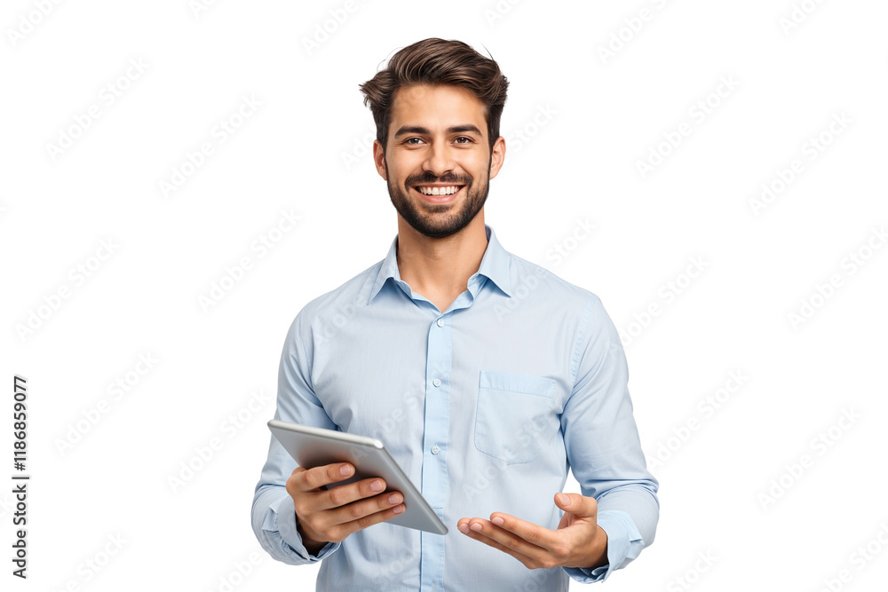 Young handsome man holding tablet, smiling nicely, isolated on ...