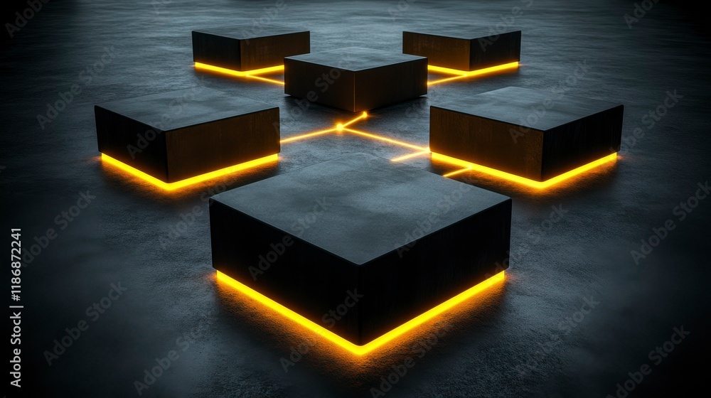 Artistic rendering of a quantum computer, with glowing qubits connected by energy beams ...