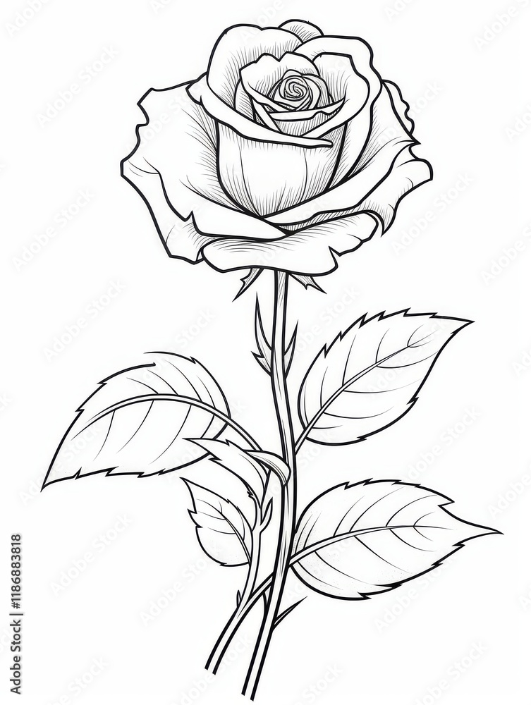 Hand-drawn chibi rose flower coloring page, minimalist line art, simple ...