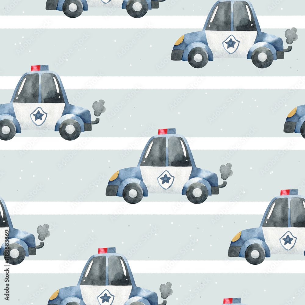 Watercolor seamless cute pattern with cartoon police patrol cars on a ...