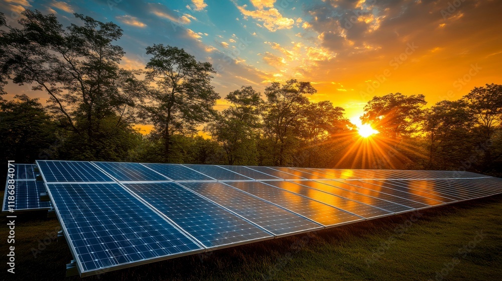Conceptual image of solar energy, with bright solar panels and glowing ...