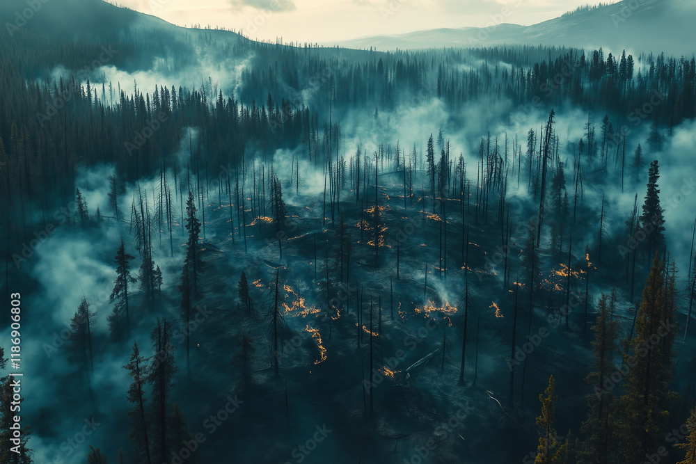 Burnt patches in a forest landscape after wildfire spread through the ...