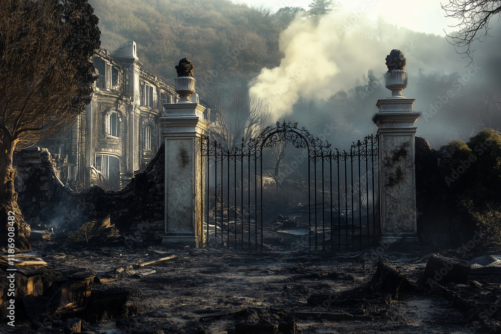 Smoldering remains of a historic estate reveal the aftermath of a ...