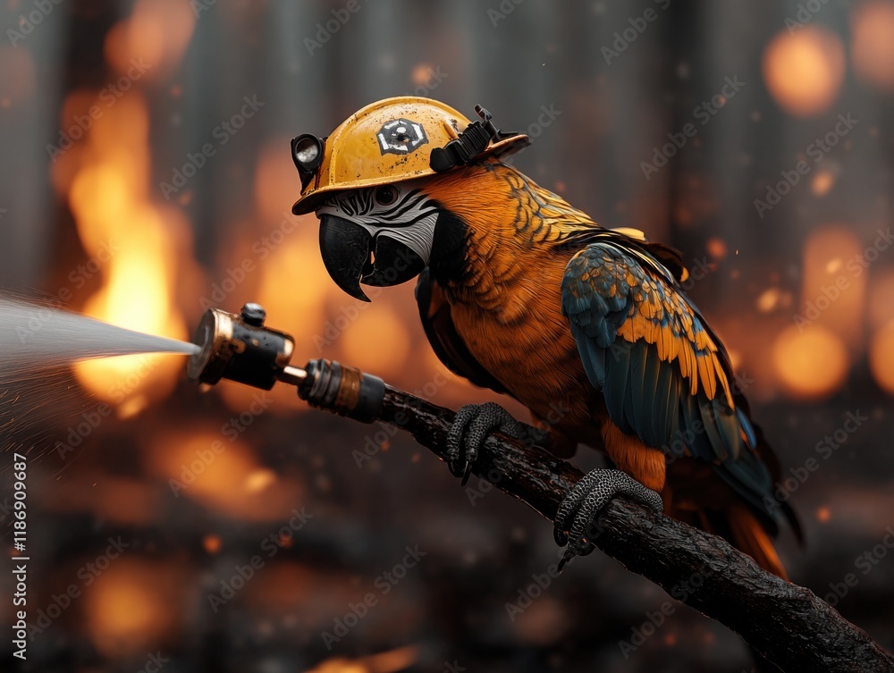 Parrot wearing a fire helmet using a fire hose to combat flames in a ...