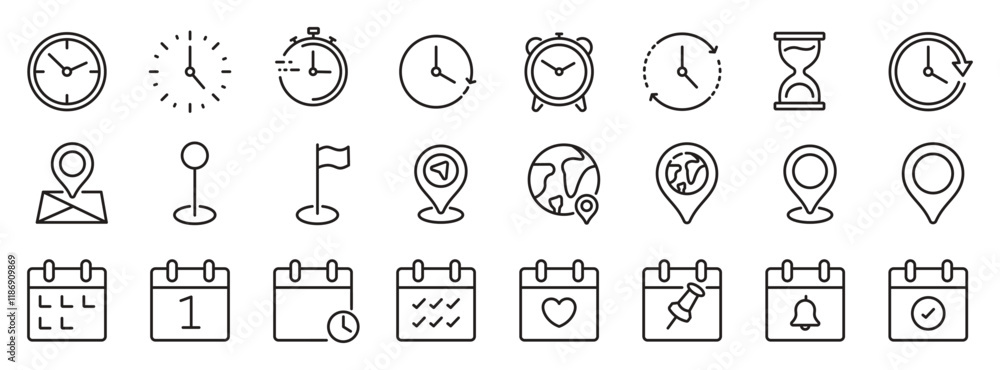 Time, date and location icon set in line style, Containing hourglass, pin, stopwatch, calendar ...