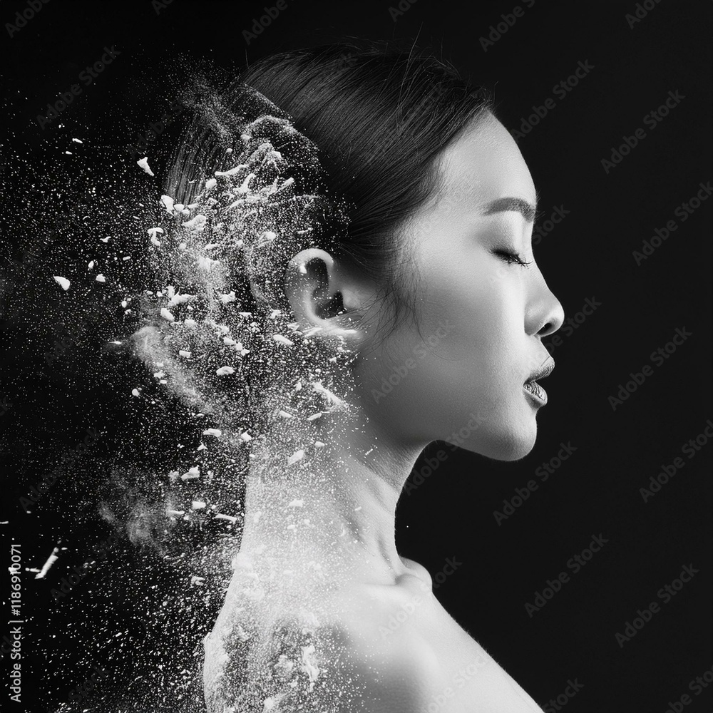 beautiful asian woman profile, photoshop dispersion effect portrait ...