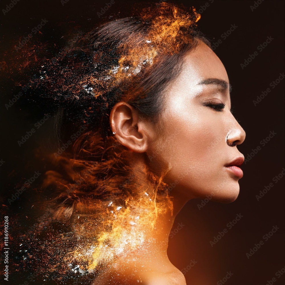 beautiful asian woman profile, photoshop dispersion effect portrait ...