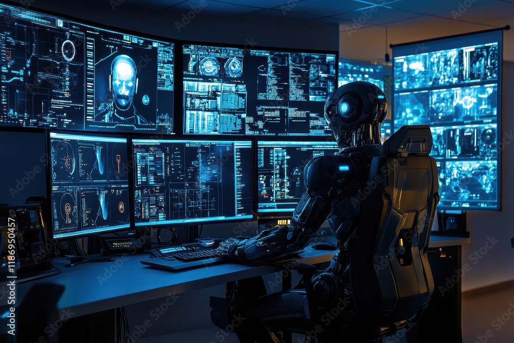 Futuristic robot working at a high-tech control center surrounded by multiple screens displaying ...