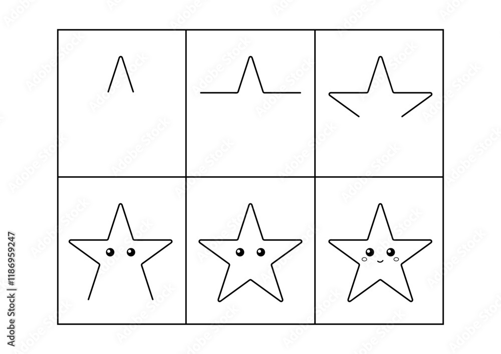 Cute star. Step by step drawing. Coloring page, coloring book page ...