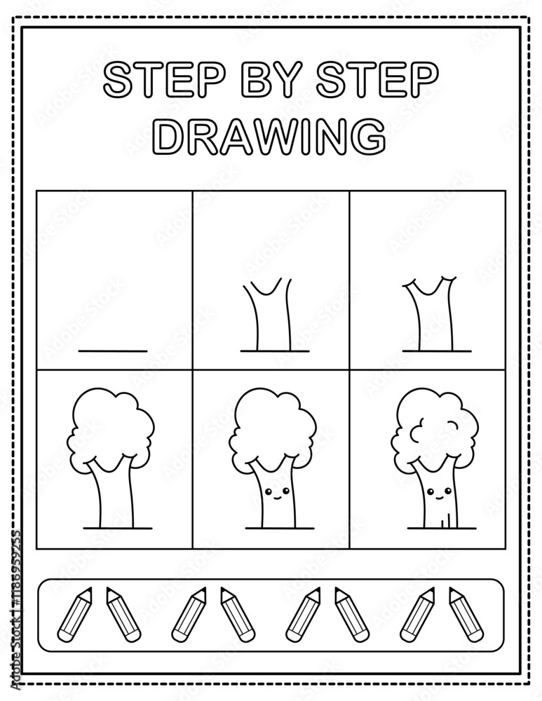 Cute tree. Book page, drawing step by step. Black and white vector ...
