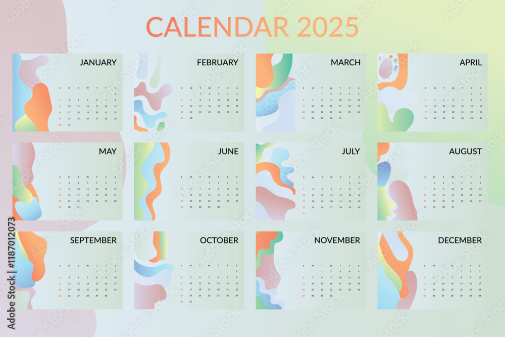 Modern 2025 calendar design with abstract shapes and pastel colors. The ...