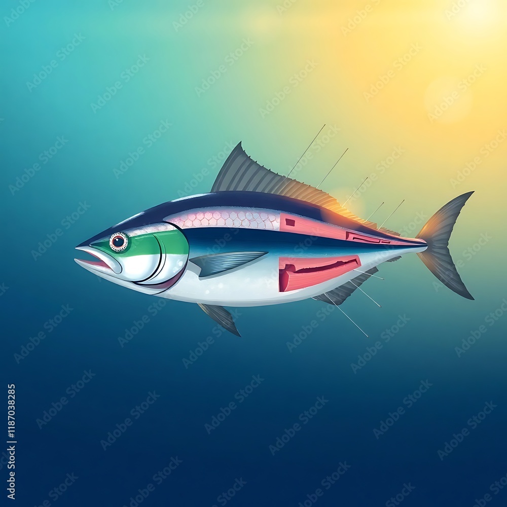 Anatomy of a tuna fish shown in a cutaway view in the ocean. Stock ...